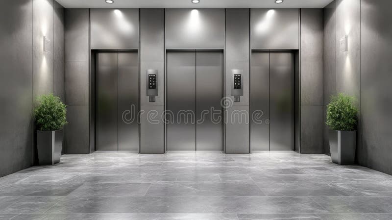 A Cozy Elevator Hall Features a Gray Marble Floor, Silver Doors, and ...