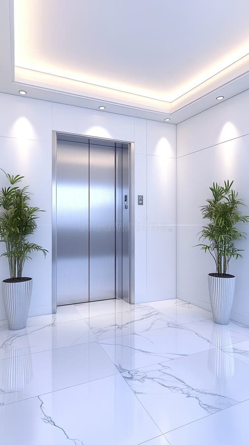 A Cozy Elevator Hall Features a Gray Marble Floor, Silver Doors, and ...