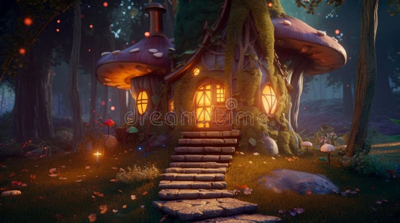 Cozy Elf House in Magical Forest Stock Illustration - Illustration of ...