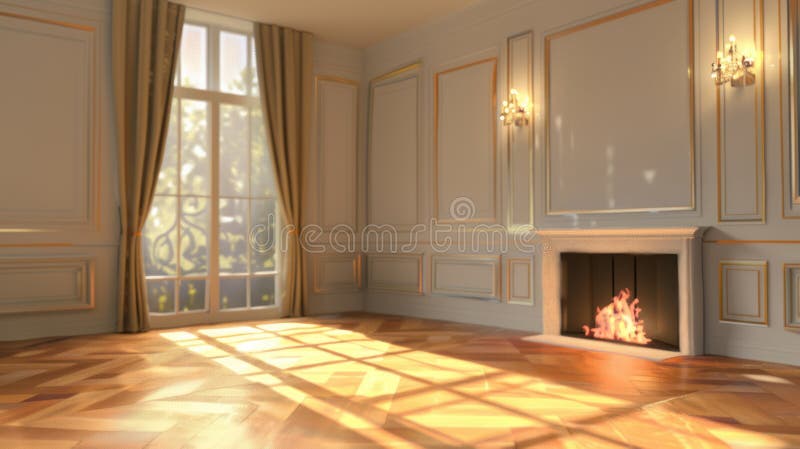 Cozy Empty Interior with Fireplace in 3D Render Stock Illustration ...
