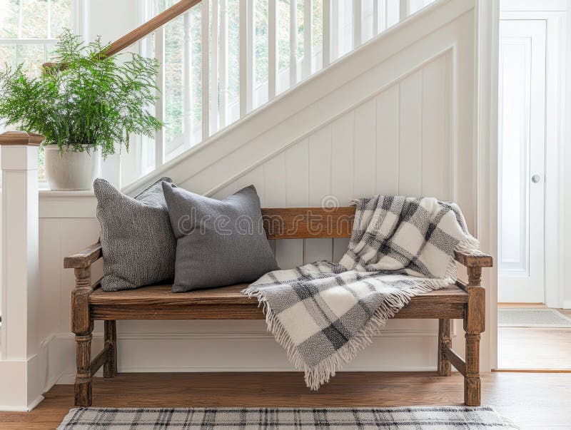 Cozy Entryway Bench with Pillows and Throw Blanket, Home Interior ...