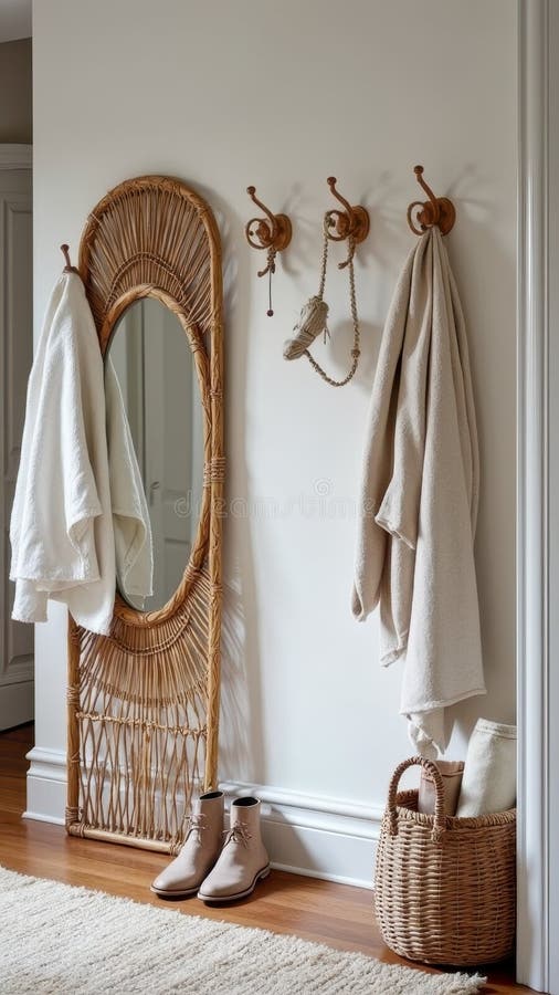 Cozy Entryway with Wicker Mirror and Neutral Decor Elements in Natural ...