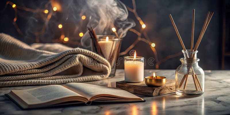 Cozy Evening Ambiance with Candles, Diffuser, and Open Book on a Table ...