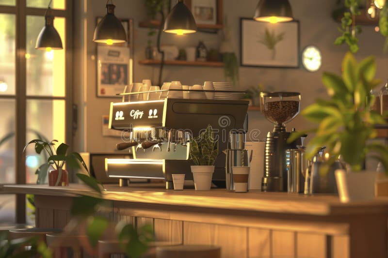 Cozy Evening Ambiance at a Modern Coffee Shop with Warm Lighting Stock ...