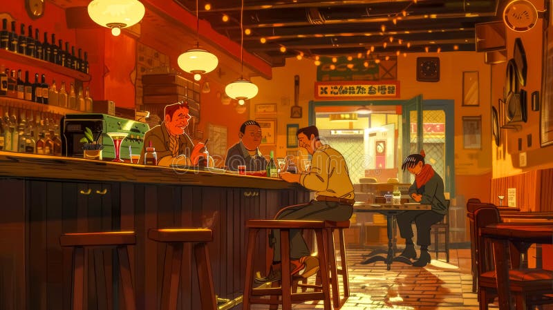 Cozy Evening at the Animated Bar Stock Illustration - Illustration of ...