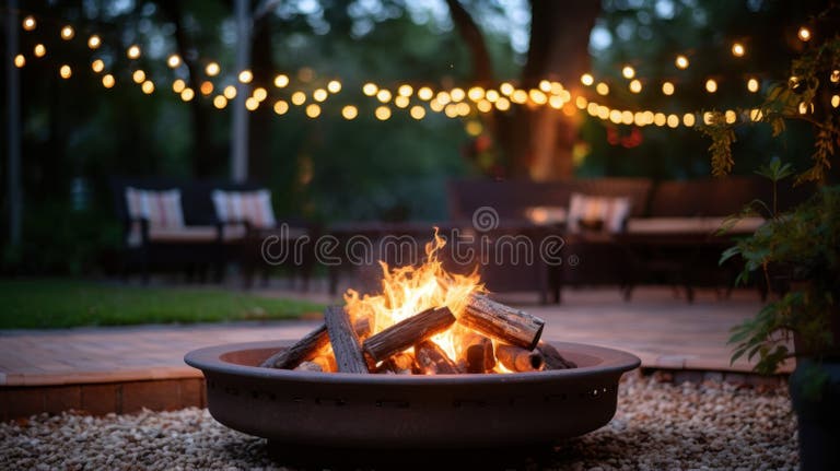 Cozy Evening Backyard Fire Pit with String Lights and Outdoor Seating ...