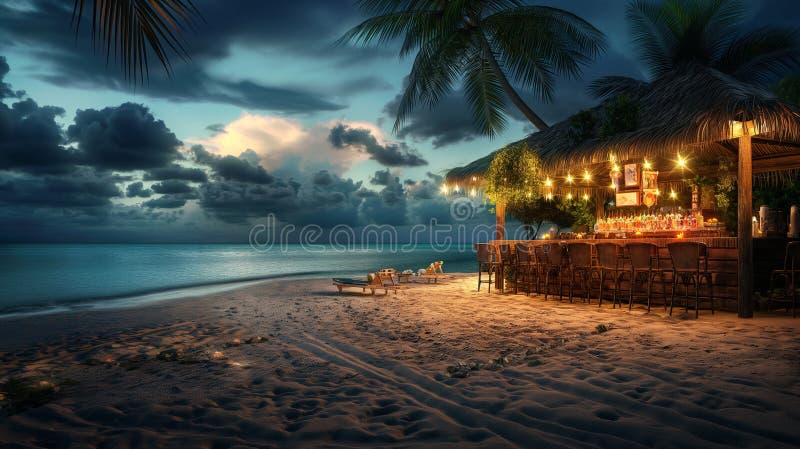 Cozy Evening Beach with Luxury Bar. Stock Illustration - Illustration ...