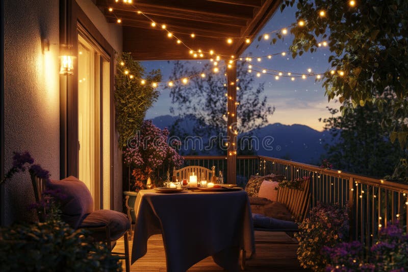 Cozy Evening on a Decorated Balcony with Ambient String Lights and ...