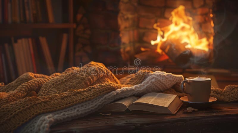 Cozy Evening by Fireplace Reading with Blanket and Tea, Realistic Scene ...
