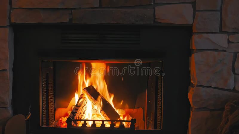 Cozy Evening by the Fireplace in a Rustic Stone Cabin Setting Stock ...