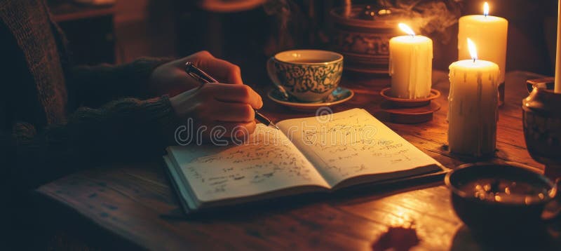 Cozy Evening Journaling by Candlelight with Herbal Tea for Relaxation ...