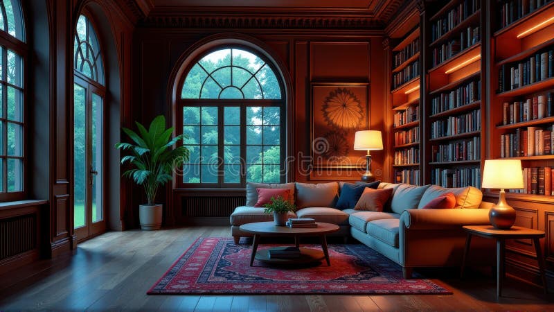 Cozy Evening in a Luxurious Library with Large Windows Stock ...