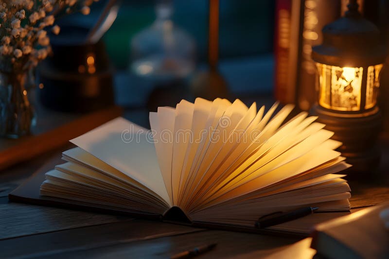 Cozy Evening with Open Book on Wooden Table in Warm Lamp Light Stock ...