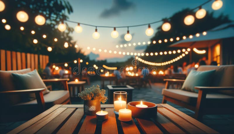 Cozy Evening Patio Ambiance with Warm String Lights, AI Generated Stock ...