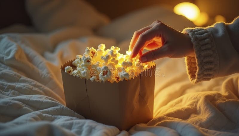 Cozy Evening with Popcorn on Bed, Warm Lighting, Hand Reaching, Relaxed ...