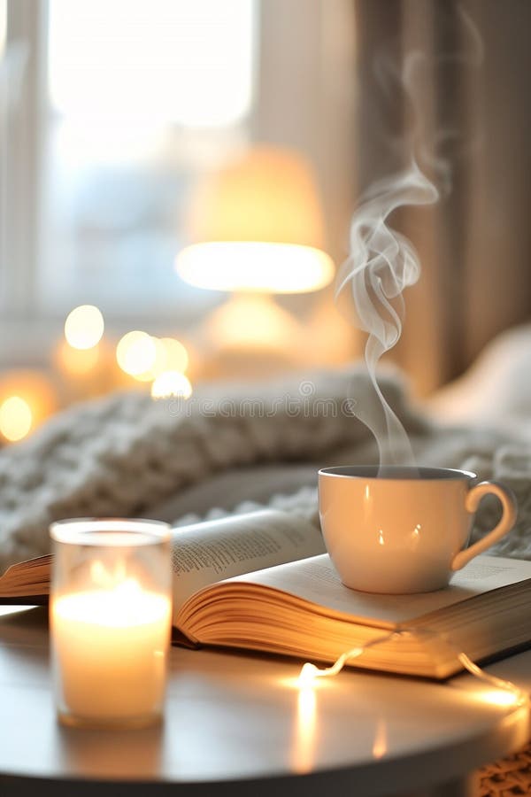 Cozy Evening Ritual with Open Book, Steaming Tea, and Warm Lamp on ...