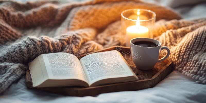 Cozy Evening Scene with an Open Book and a Cup of Coffee on a Knitted ...