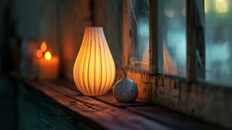 Cozy Evening Setting with a Glowing Lamp and Decor Items by a Window ...