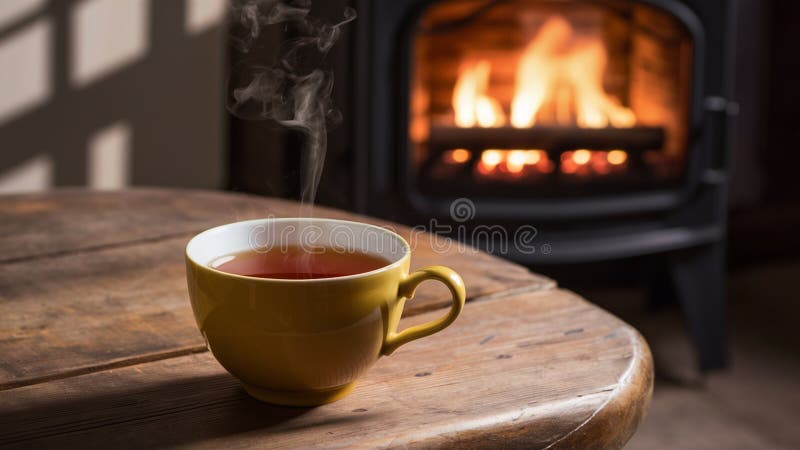 A Cozy Evening with Tea and Firelight Stock Illustration - Illustration ...