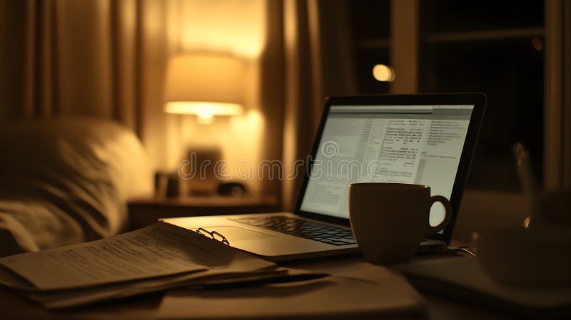 Cozy Evening Workspace with Laptop and Coffee in Warm Lighting Stock ...