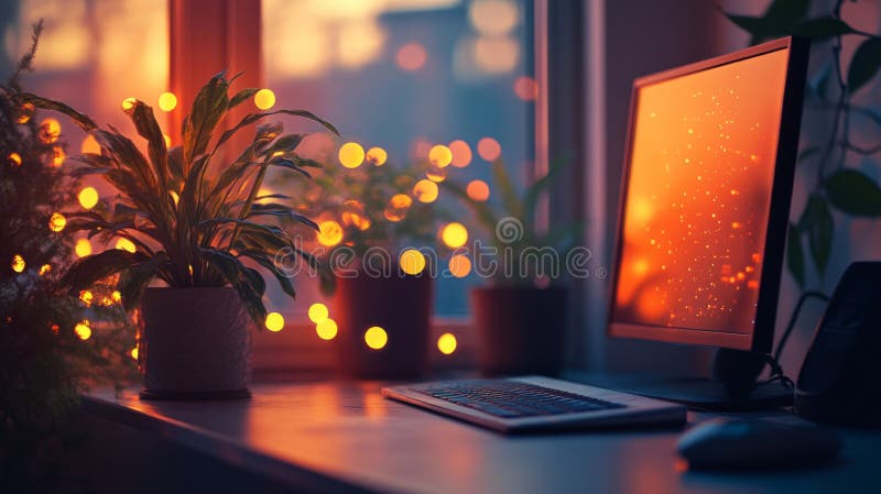 Cozy Evening Workspace with Plants and Warm Lighting Stock Illustration ...