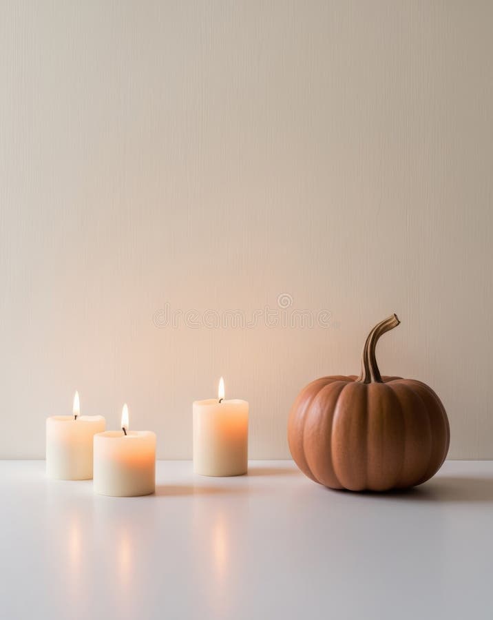 Cozy Fall Atmosphere Featuring Illuminated Candles and a Pumpkin. Stock ...