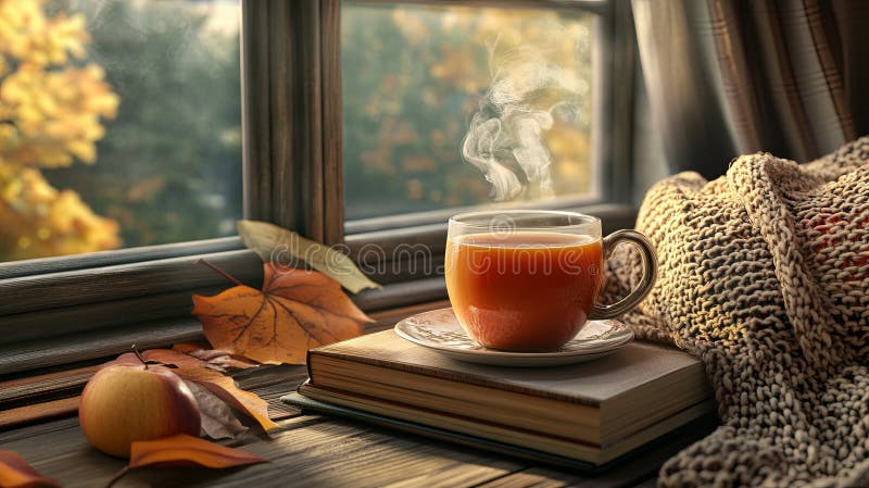 A Cozy Fall Day with a Steaming Mug of Apple Cider and a Stack of Stock ...
