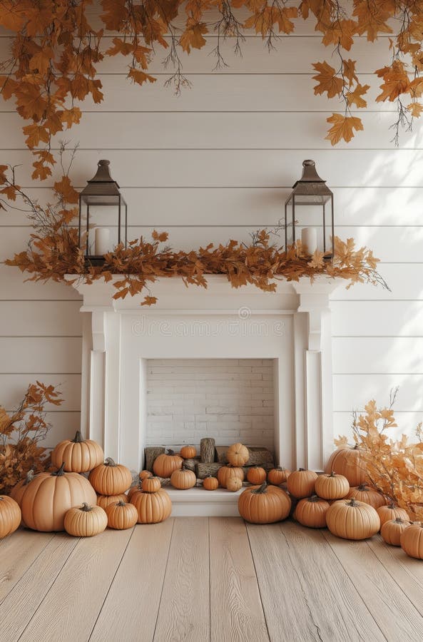 Cozy Fall Fireplace Scene with Pumpkins, Lanterns, and Autumn Garland ...