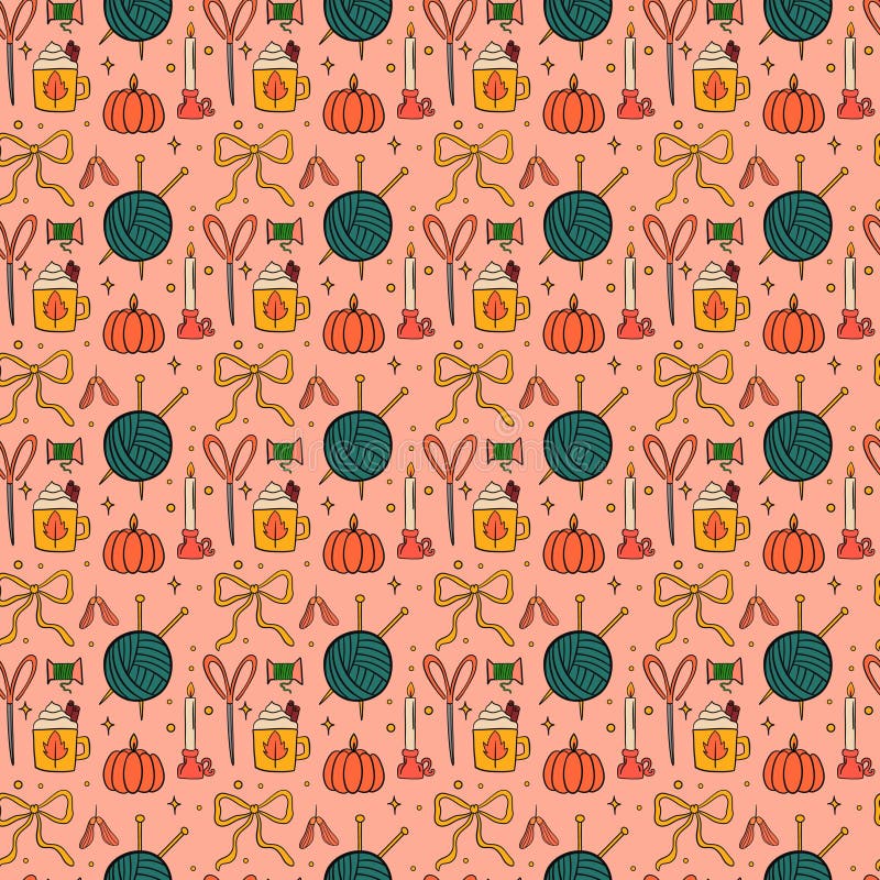 Cozy Fall Knitting Pattern with Pumpkins and Autumn Elements Stock ...