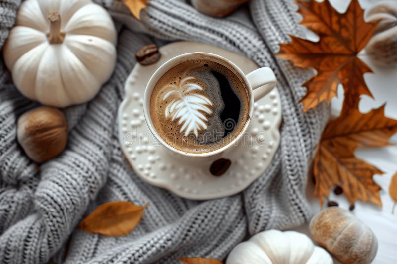 A Cozy Fall Morning with Coffee, Pumpkins, and Leaves Stock Photo ...