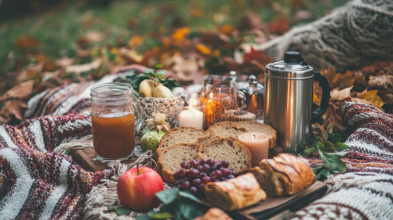 A Cozy Fall Picnic with Rustic Bread, Candles, and a Thermos of Hot ...