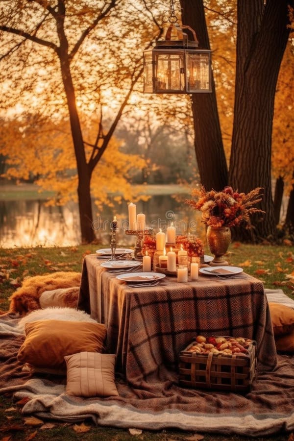 A Cozy Fall-themed Picnic Setup in a Park Stock Image - Image of leaves ...