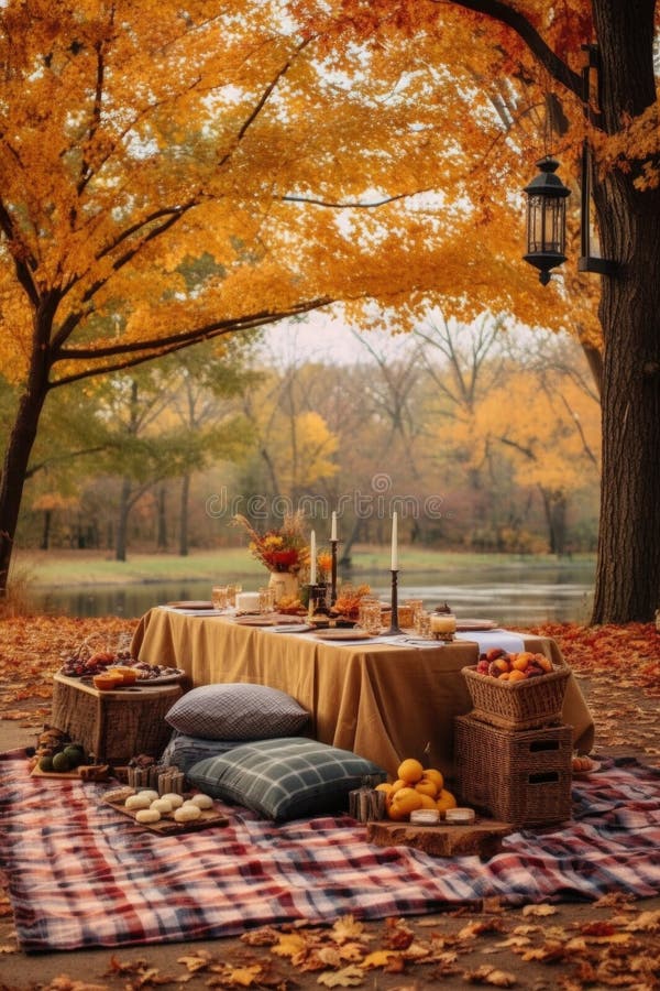 A Cozy Fall-themed Picnic Setup in a Park Stock Illustration ...