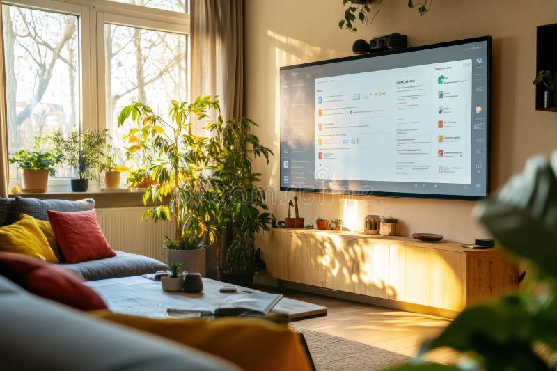 Cozy Family Corner Featuring an Interactive Smart Wall Screen with ...