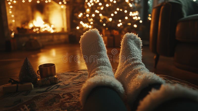 Cozy Feet by the Fireplace with Christmas Lights and a Warm Drink Stock ...