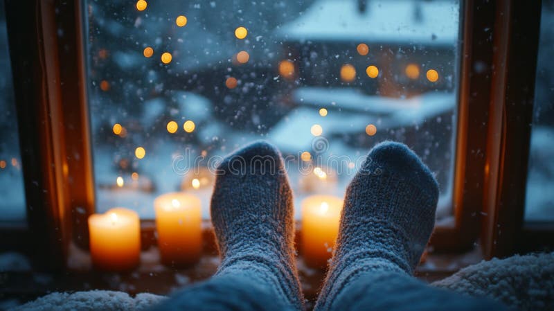 Cozy Feet by the Window during a Snowy Evening Stock Illustration ...
