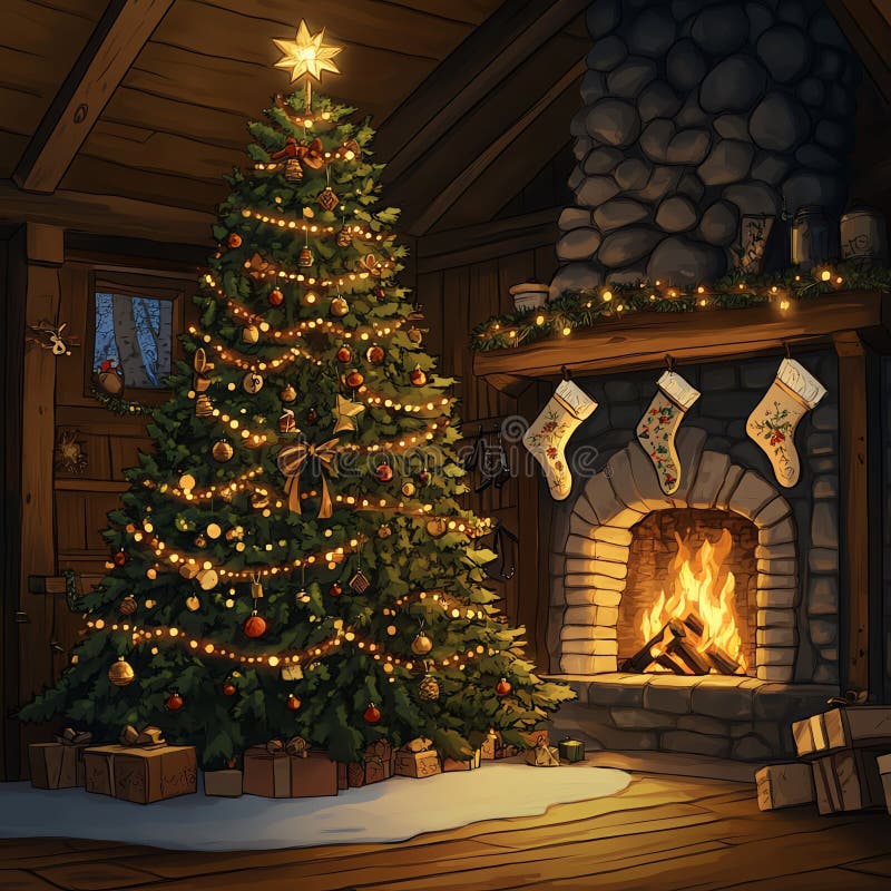 Cozy and Festive Cabin Interior, Featuring a Beautifully Decorated ...