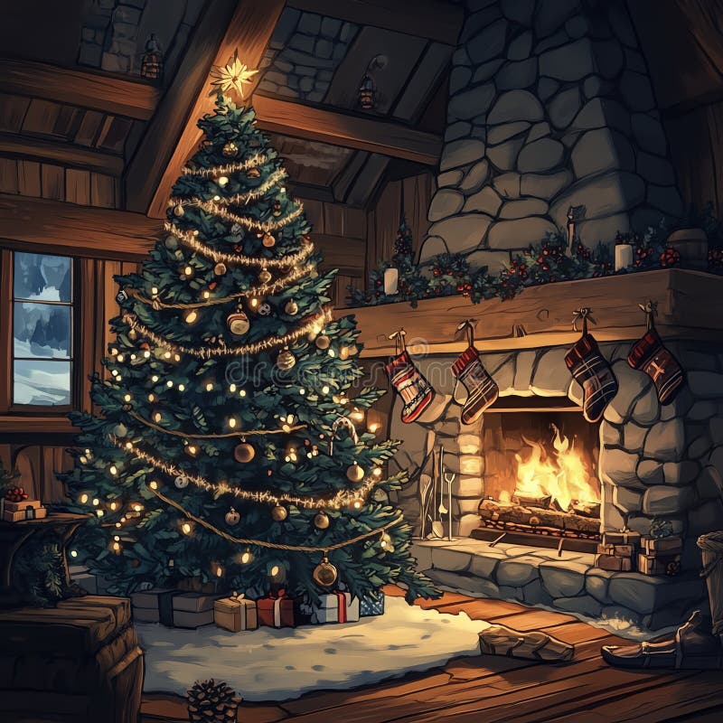Cozy and Festive Cabin Interior, Featuring a Beautifully Decorated ...