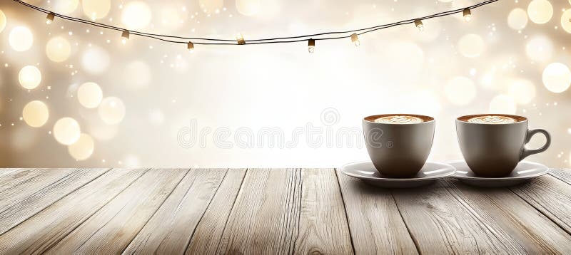 Cozy Festive Cafe Two Blurred Coffee Cups and Glowing String Lights on ...