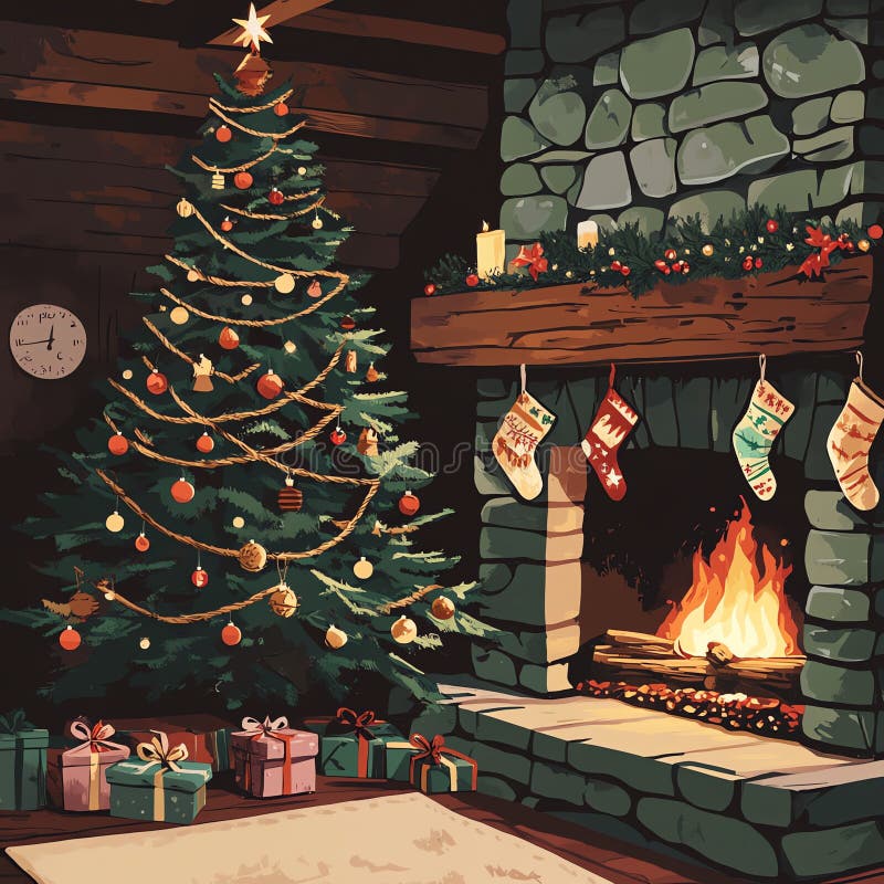 Cozy and Festive Christmas Scene Inside a Rustic Cabin Stock Image ...