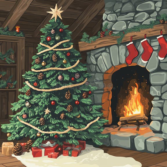Cozy and Festive Christmas Scene Inside a Rustic Cabin Stock Photo ...