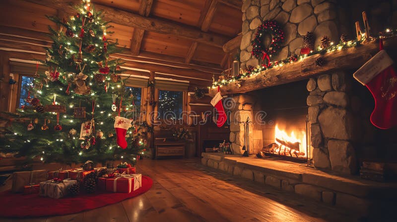 Cozy and Festive Christmas Scene Inside a Rustic Log Cabin Stock Photo ...