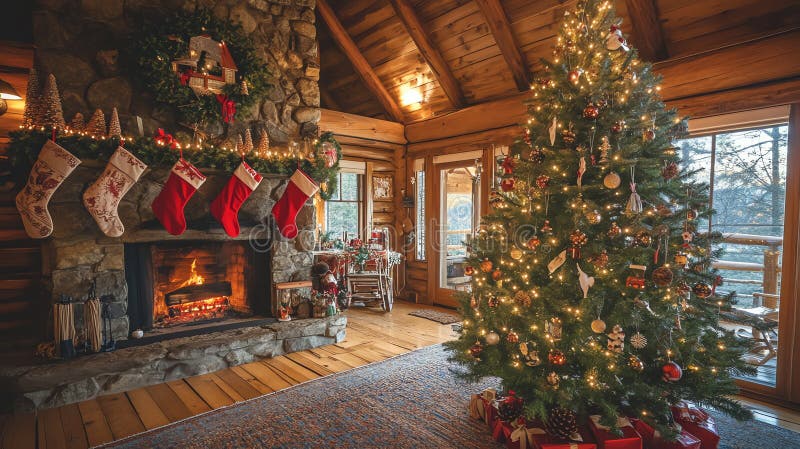 Cozy and Festive Christmas Scene Inside a Rustic Log Cabin Stock Photo ...