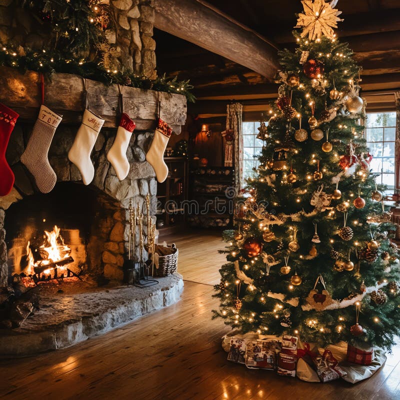 Cozy and Festive Christmas Scene Inside a Rustic Log Cabin Stock Photo ...