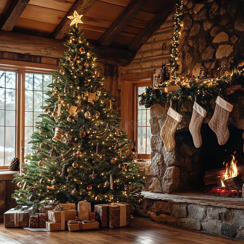Cozy and Festive Christmas Scene Inside a Rustic Log Cabin Stock Photo ...