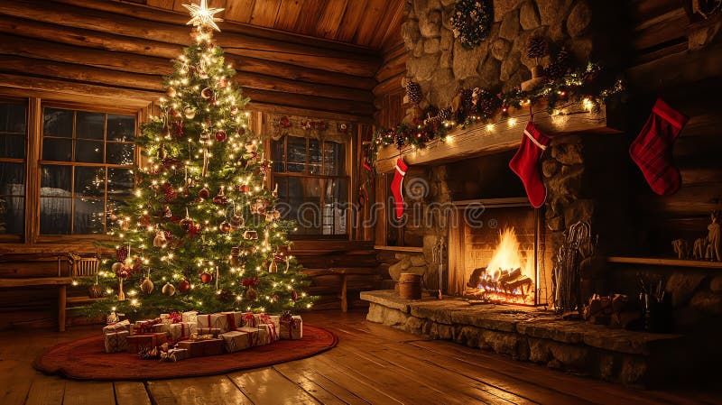 Cozy and Festive Christmas Scene Inside a Rustic Log Cabin Stock Photo ...