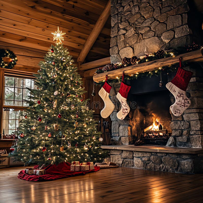 Cozy and Festive Christmas Scene Inside a Rustic Log Cabin Stock Image ...
