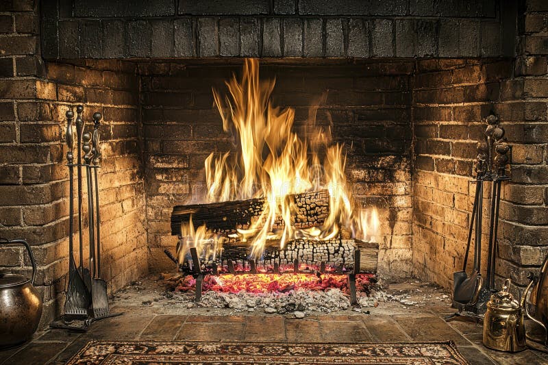 Cozy Fire Burning Brightly in a Rustic Brick Fireplace Setting Stock ...