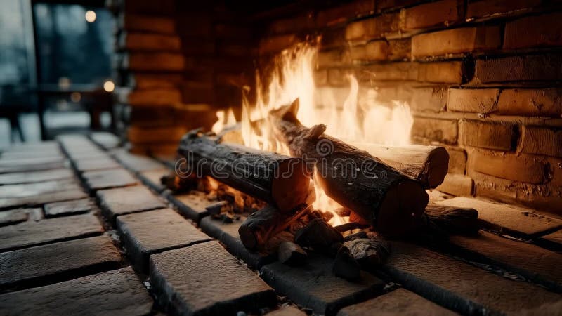 Cozy Fire Burning in Rustic Brick Fireplace Stock Video - Video of logs ...