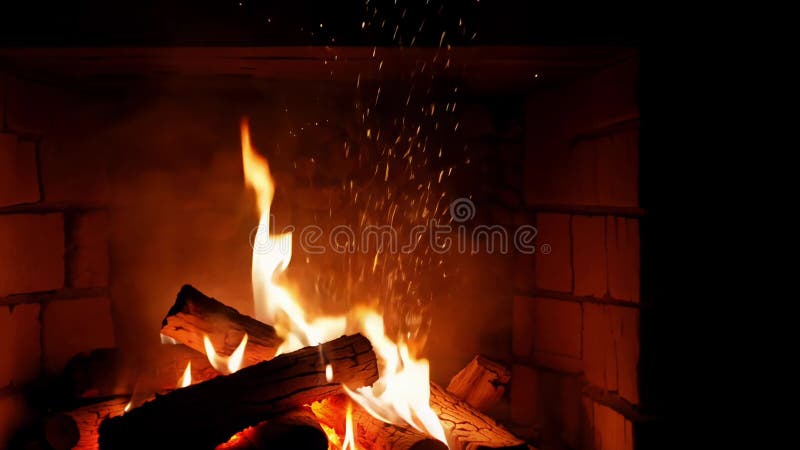 Cozy Fire Crackling in a Stone Fireplace at Night Stock Video - Video ...